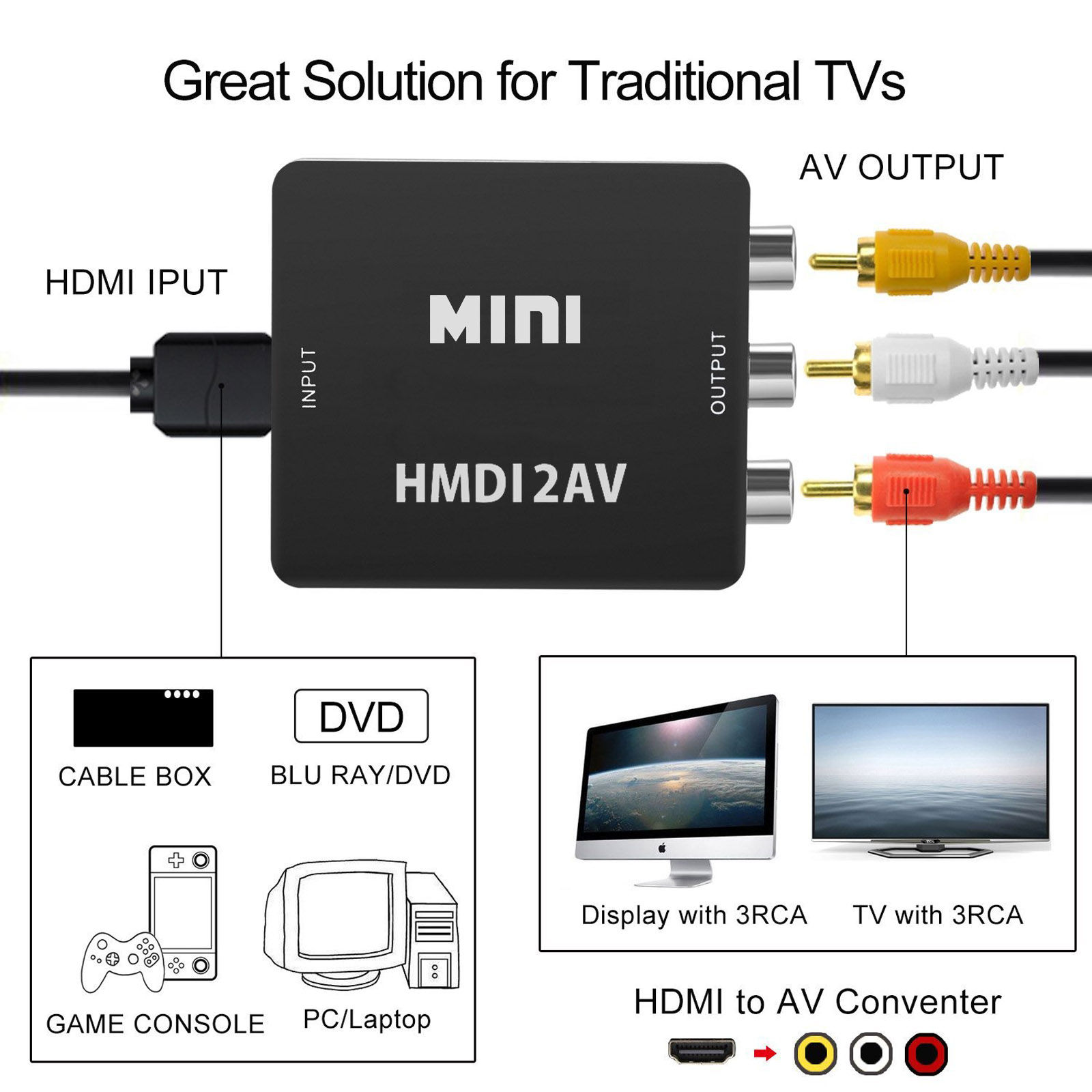 HDMI to AV 3 RCA Composite Converter 480P/480i NTSC/PAL TV Format ...