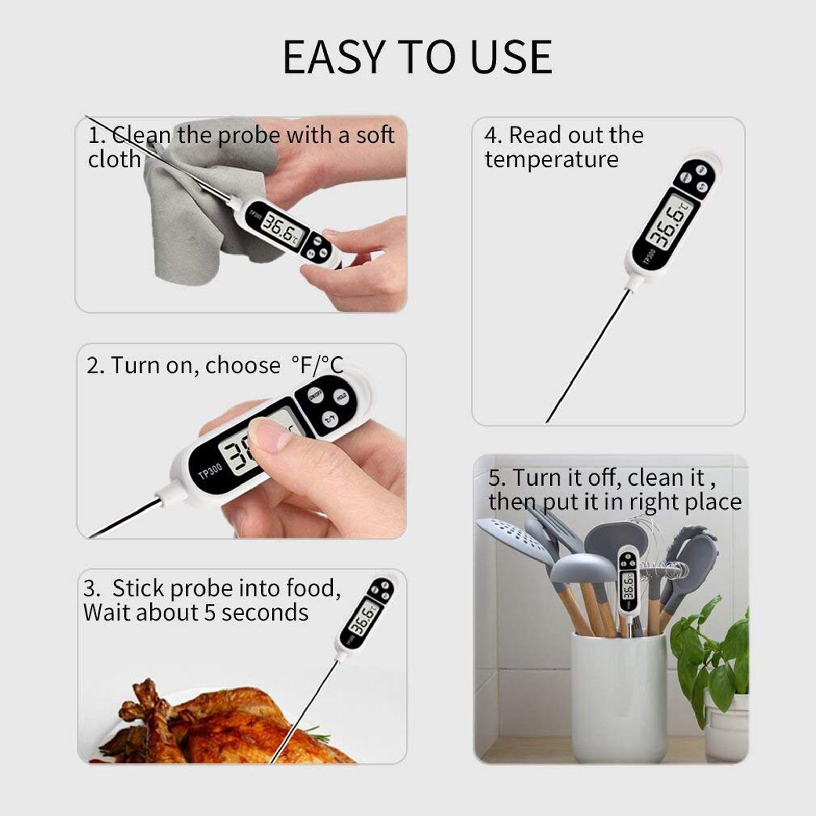 Ultra-Fast Read Digital Food Cooking Thermometer with LCD & Long Probe ...
