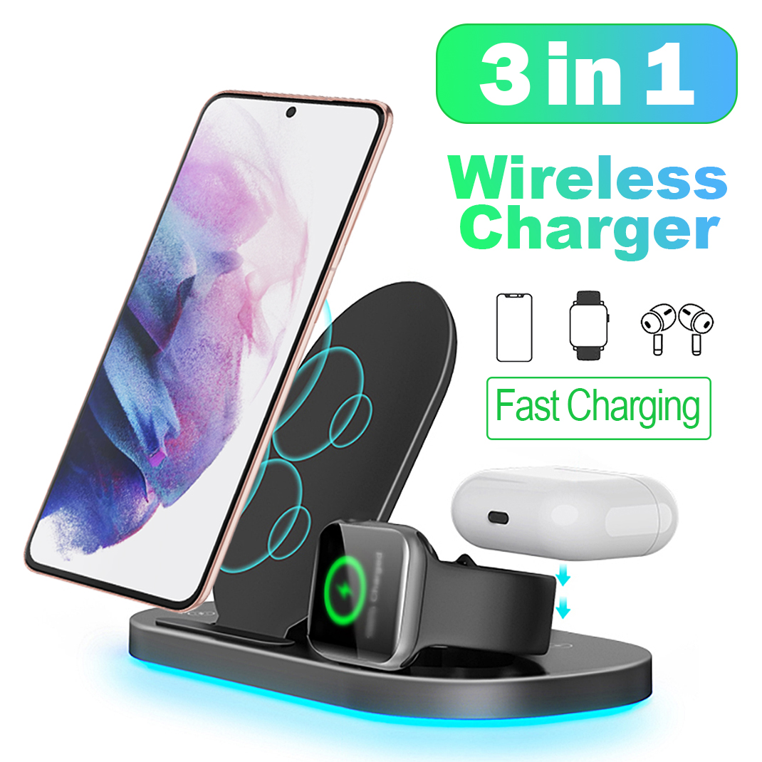 3IN1 QI Fast Wireless Charger Stand Dock Charging Station For Multiple ...